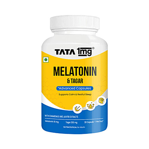 Buy Tata 1mg Melatonin 10mg Vegetarian Capsule for Calm & Restful Sleep ...