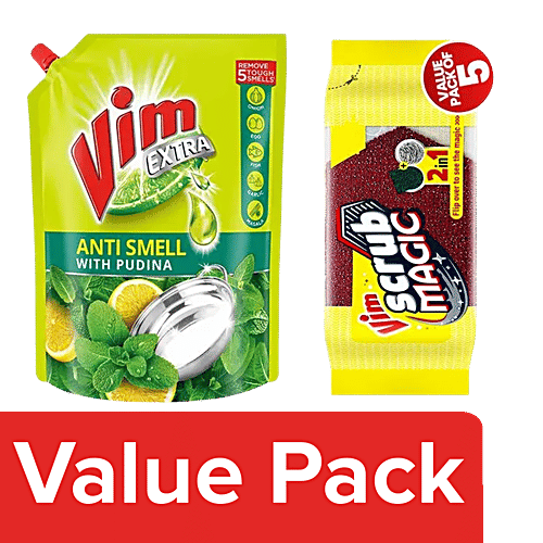 Buy Vim Anti Smell Dishwashing Liquid,2 L + Scrub Magic Nonwoven Steel Knitted Pads,5pcs Online ...