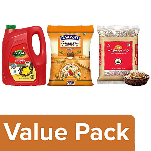 Buy bb Combo Dalda Mustard Oil,5L+Aashirvaad Chakki Atta,5kg+Daawat ...