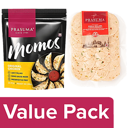 Buy Prasuma Original Chicken Momos, 24 pcs + Chicken Chilli Salami, 200 ...
