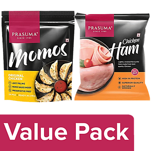 Buy Prasuma Original Chicken Momos, 24 pcs + Chicken Ham, 200 g Online ...