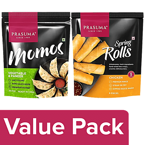 Buy Prasuma Vegetable & Paneer Momos, 24 pcs + Chicken Spring Rolls, 6 ...