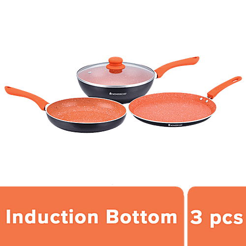 Buy Wonderchef Sakura Induction Base Non-Stick Cookware Set - Black & Orange, Wok with Glass Lid ...