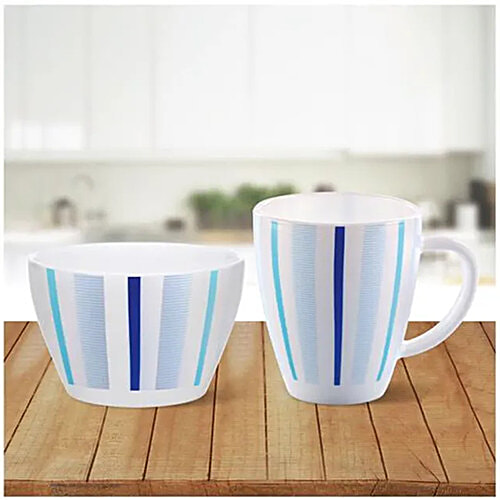 Buy Larah by Borosil Mug & Bowl Breakfast Set - Strip, Blue & White ...