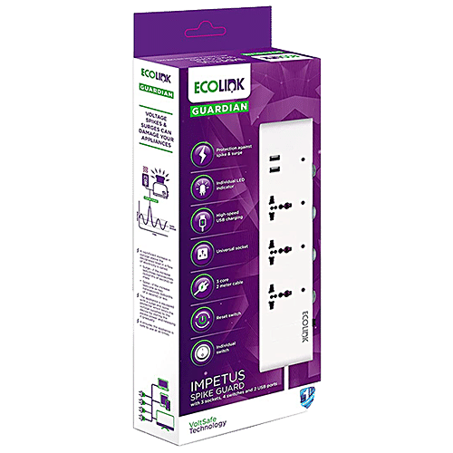 Buy EcoLink Impetus Spike Guard - 3 Socket 6A, 2 USB, 2 Meter Cable ...
