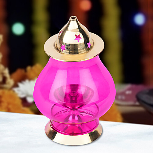 Buy Prime-Metal Designer Brass Jyot, Designer Glass Akhand Jyot With Borosilicate Pink Glass ...