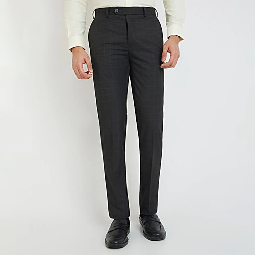 Buy Raymond Men's Grey Contemporary Fit Checks Trouser Online at Best ...