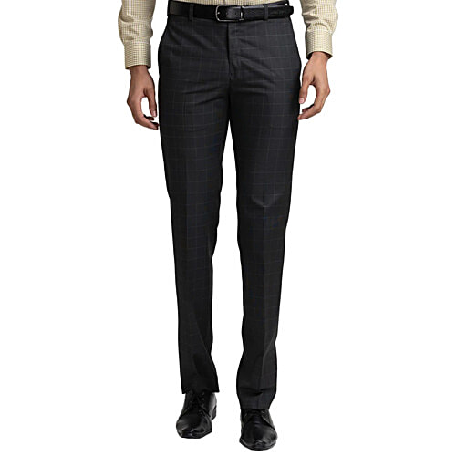 Buy Raymond Men's Grey Contemporary Fit Checks Trouser Online at Best ...