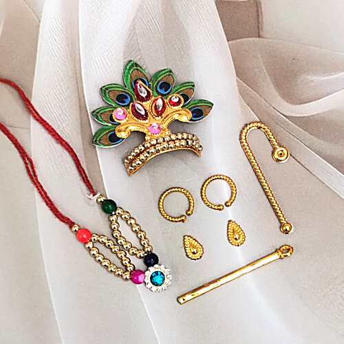 Buy Melukhha Faux Morpankh Laddu Gopal Jewellery Set - Mukut, Mala ...