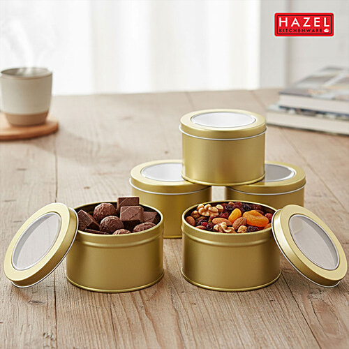 Buy Hazel Round Tin Gifting Containers With Transparent Lid - Golden ...