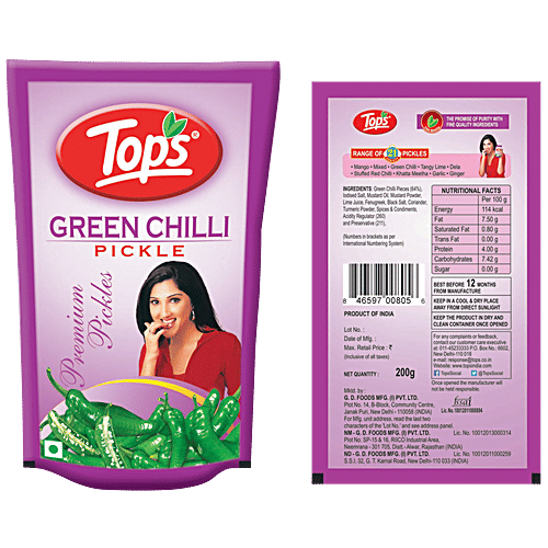 Buy Tops Pickle Green Chilli 200 Gm Pouch Online at the Best Price of ...